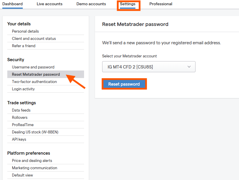 How do I reset my MT4 password? - IG UK