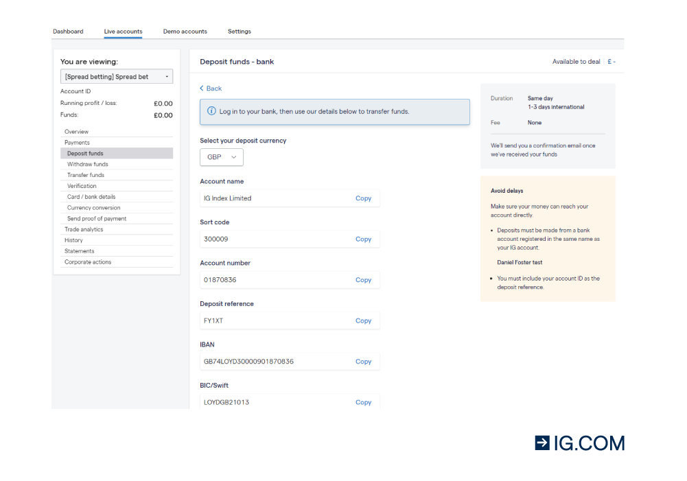How do I deposit funds into my account? - IG UK